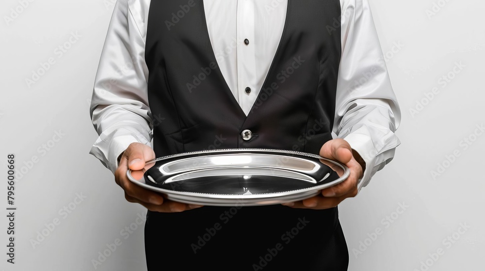 elegant waiter holding a silver tray ready to serve isolated on white ...