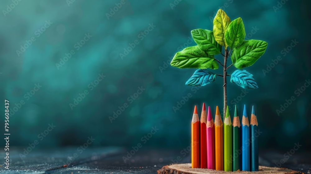 Colorful pencils creatively transformed into a metaphorical tree with ...