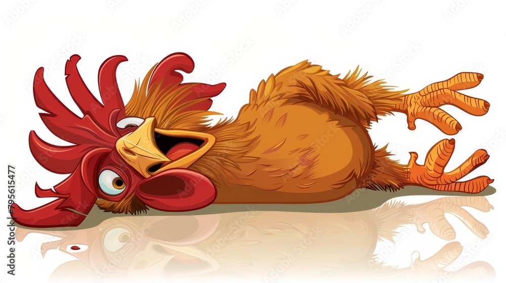 A cartoon chicken lies on its back, head down with wide-open eyes and ...