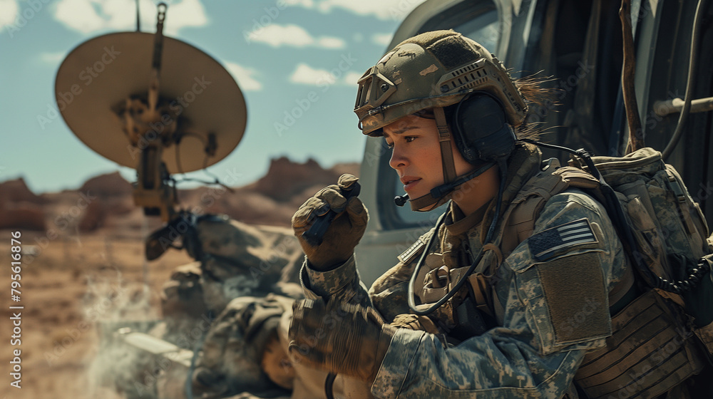 In a remote desert outpost, a determined female soldier in tactical ...
