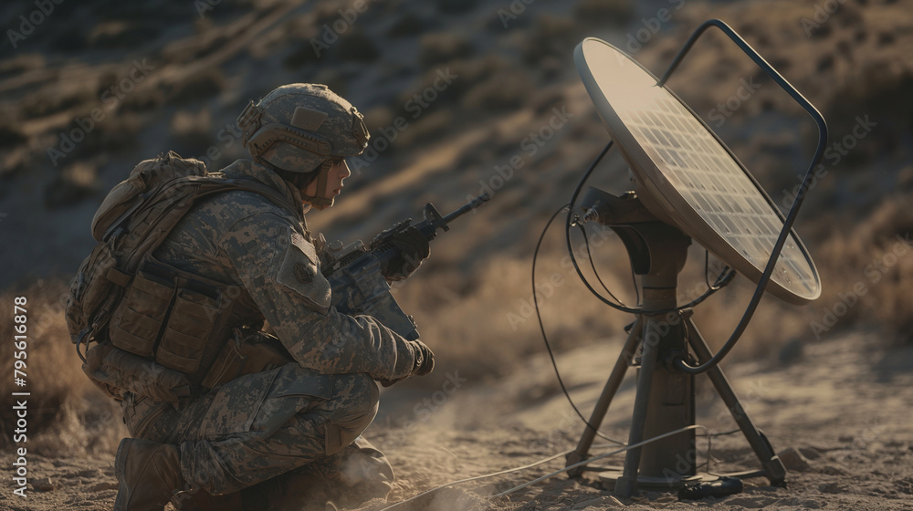 In a remote desert outpost, a determined female soldier in tactical ...