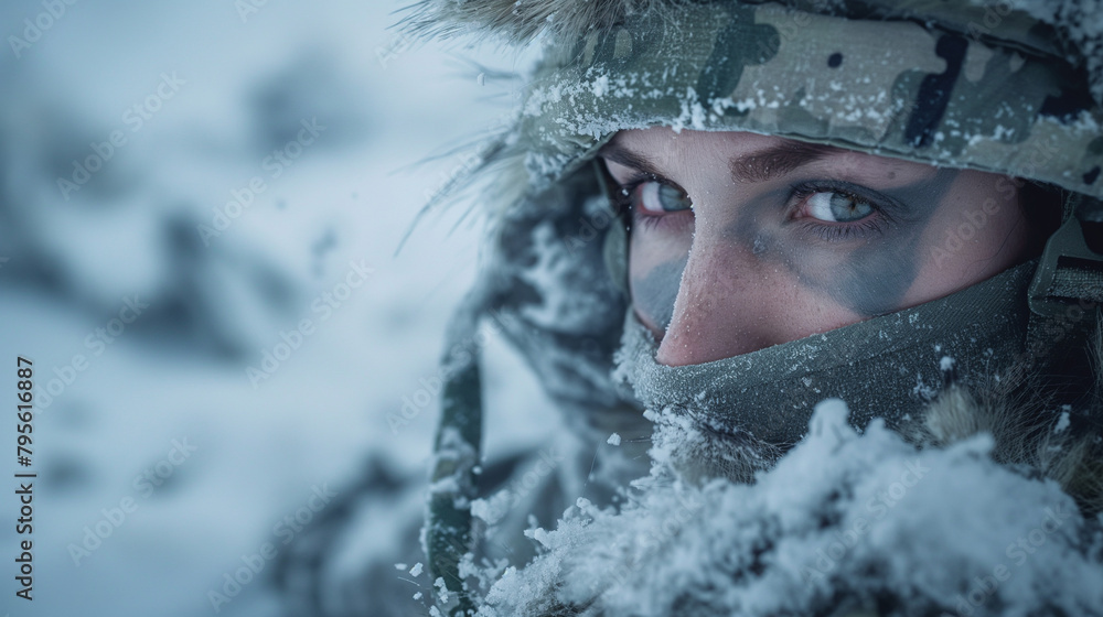 Amidst a snowy landscape, a female soldier clad in winter camouflage ...