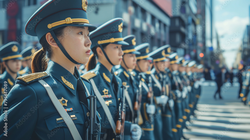 In a bustling city center, a formation of female soldiers in ceremonial ...