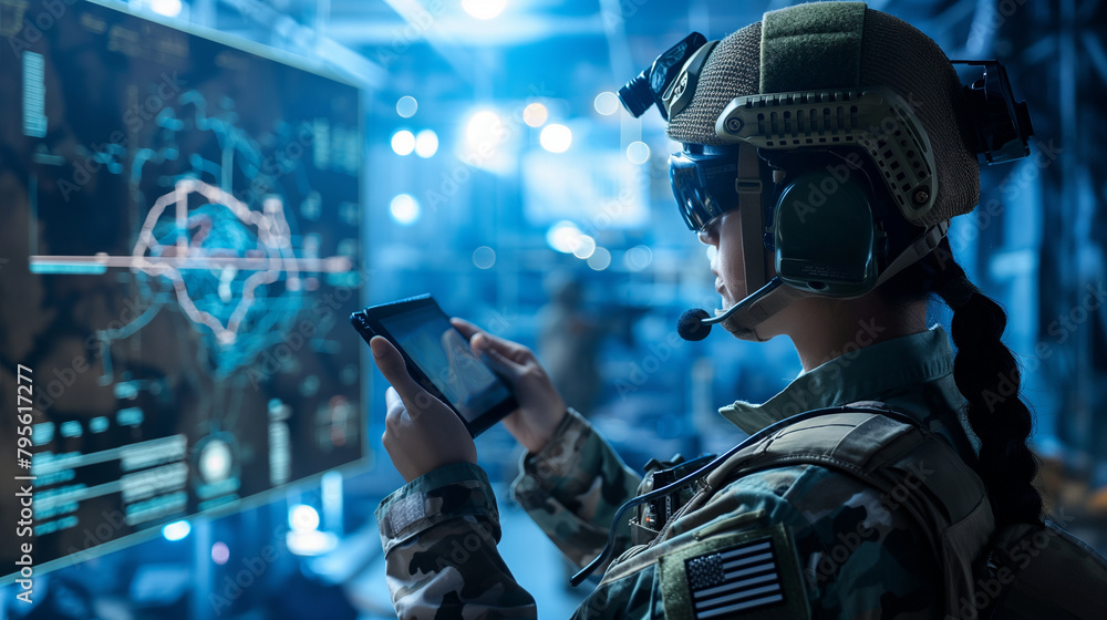 In a futuristic training facility, a female soldier operates a state-of ...