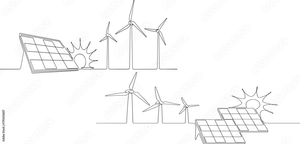 One continuous line drawing of wind turbine and Solar panel with sun ...