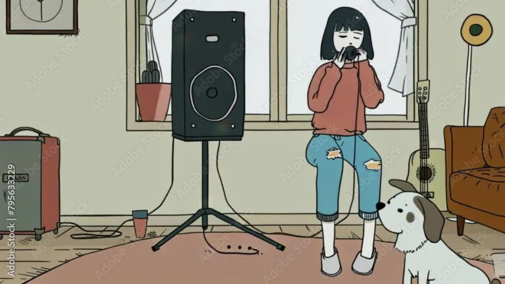 Lofi animation. Seamless loop. Girl listening the music with her pet ...