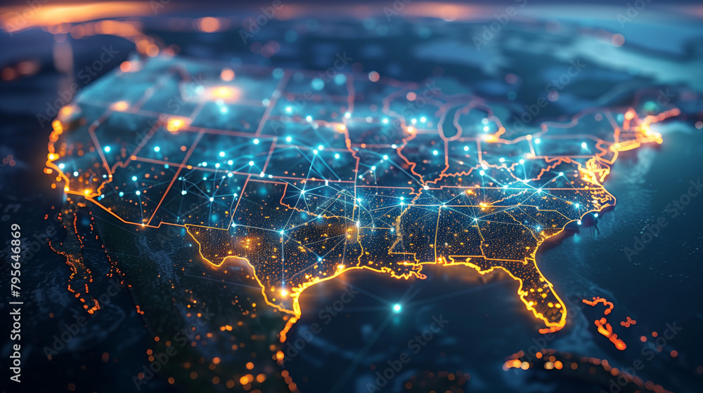 Futuristic Digital Map of USA with Illuminated Lines and Nodes ...