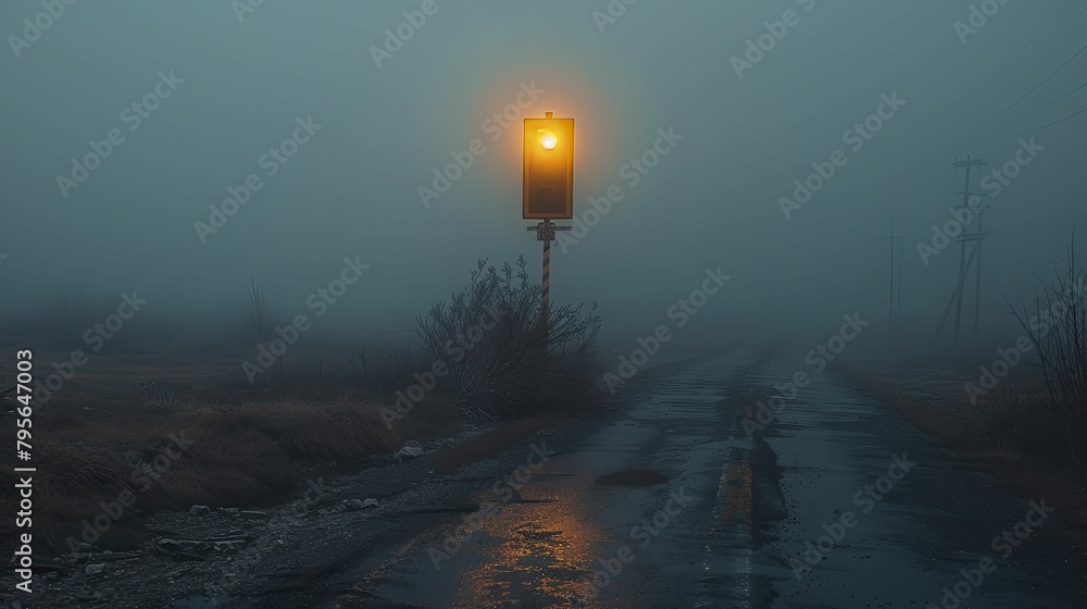 A haunting image of eerie desolation on a misty road with a solitary ...