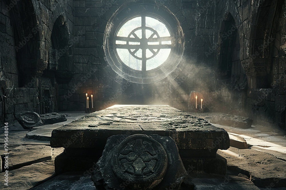 cinematic picture, a stone circle windows of a catle above a big thick ...