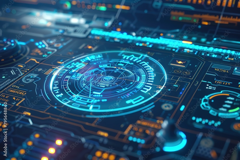 Computer animated hi tech, mechanical technology background with blue ...