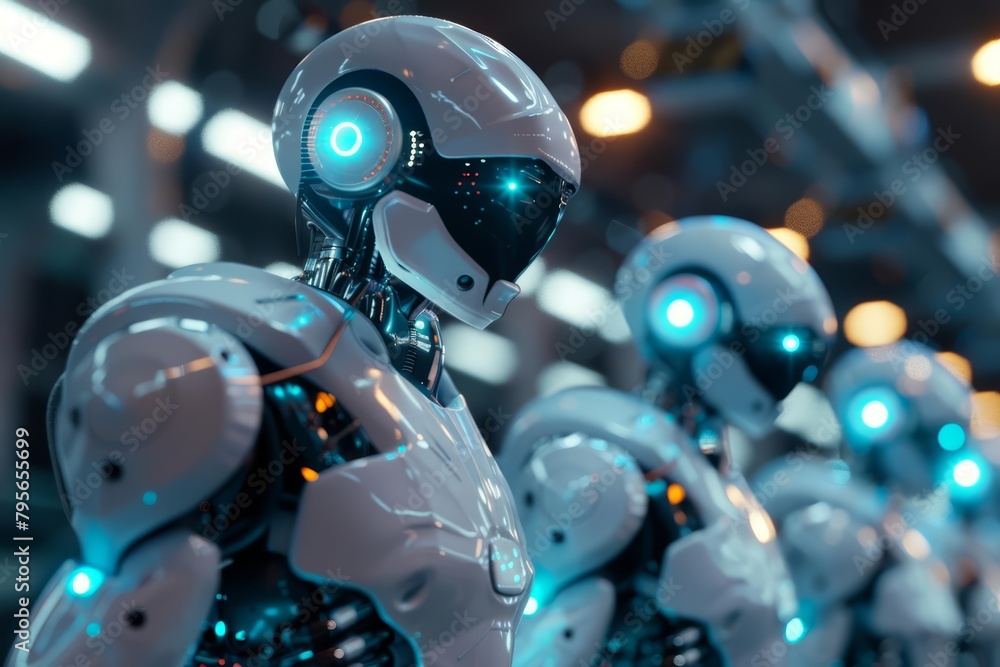 Sleek silver robots move with precision, their joints illuminated by ...