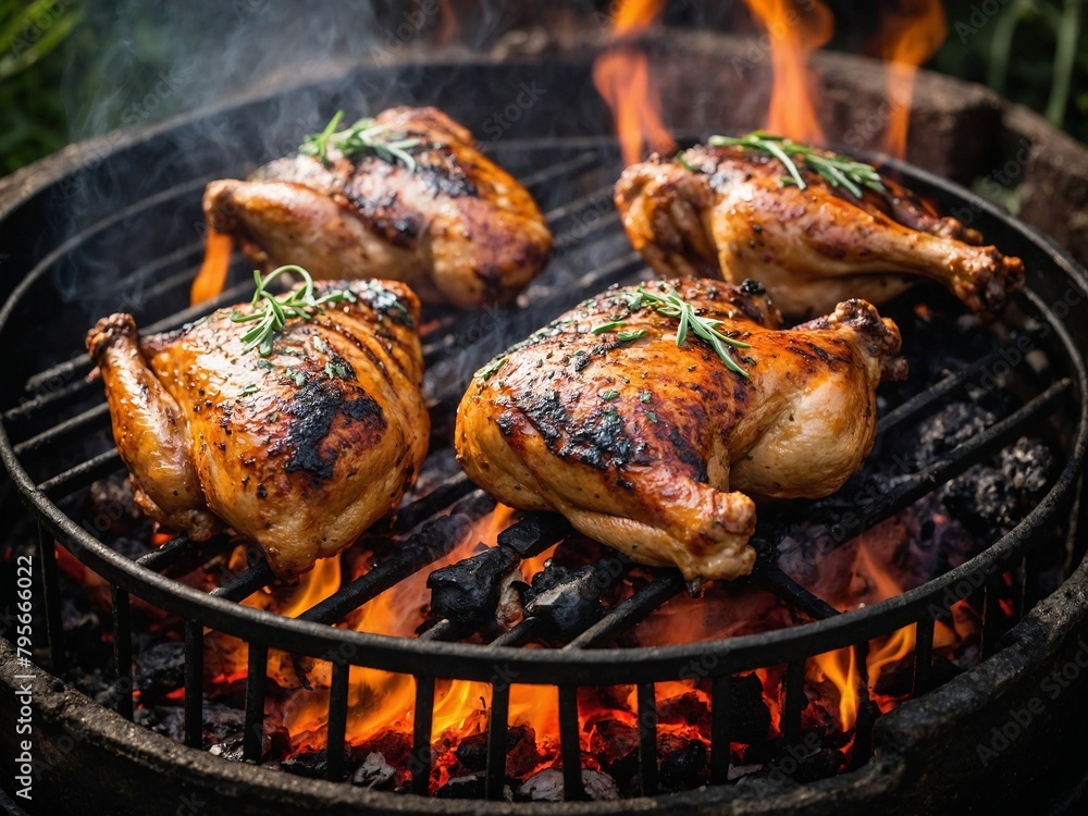Four golden-brown chickens sizzle on round grill over open fire, their ...