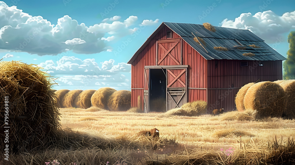 Farm-themed cartoon barn design featuring straw bales and hay piles ...