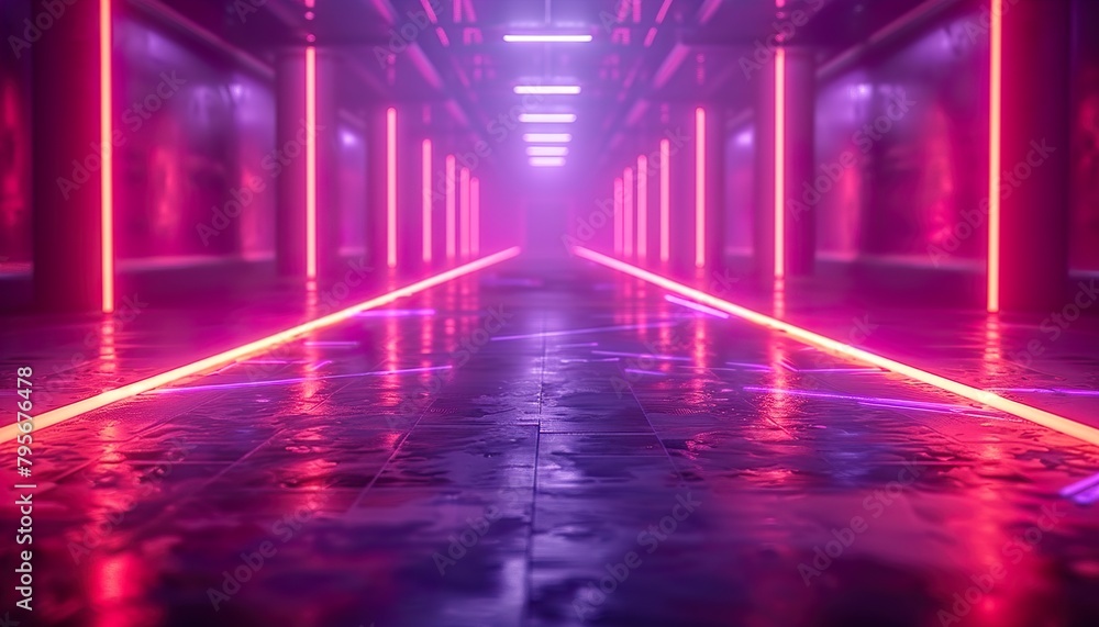 Neon light abstract background. Neon glowing lights stage with 80s ...