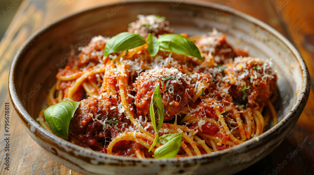 Rustic pasta dish: a generous serving of al dente spaghetti tossed in a ...