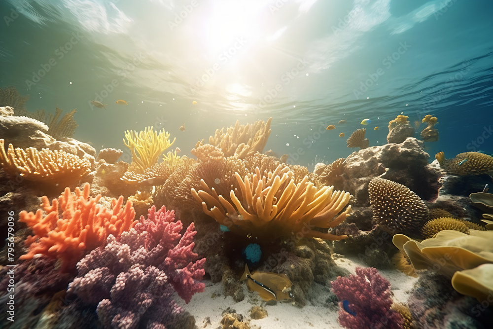 Underwater view of the coral reef. Ecosystem. Life in tropical waters ...