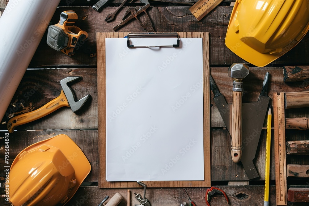 Mockup blank clipboard with white sheet and pencil on carpenter table ...