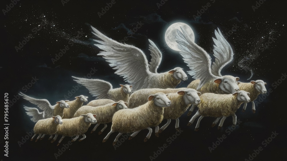 A whimsical illustration of flying sheep with wings against a starry ...