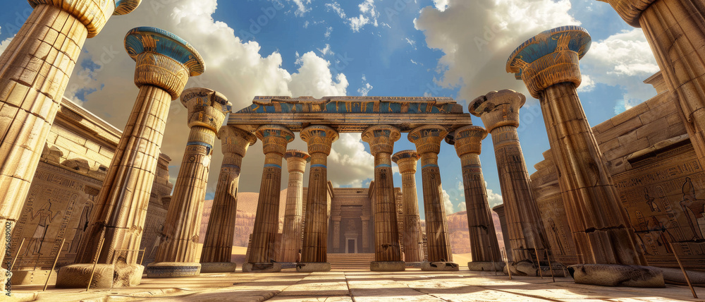 Ancient Egyptian temple hallway, luxury columns of old stone building ...