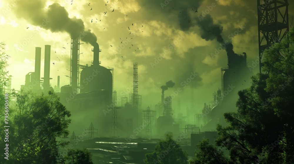 Greenwashing concept. Industrial landscape with pollution and smoke ...