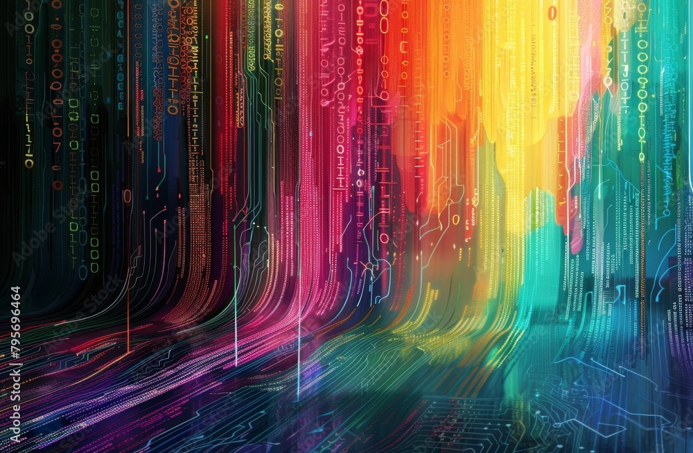 digital background with a rainbow color gradient and data curves on the ...