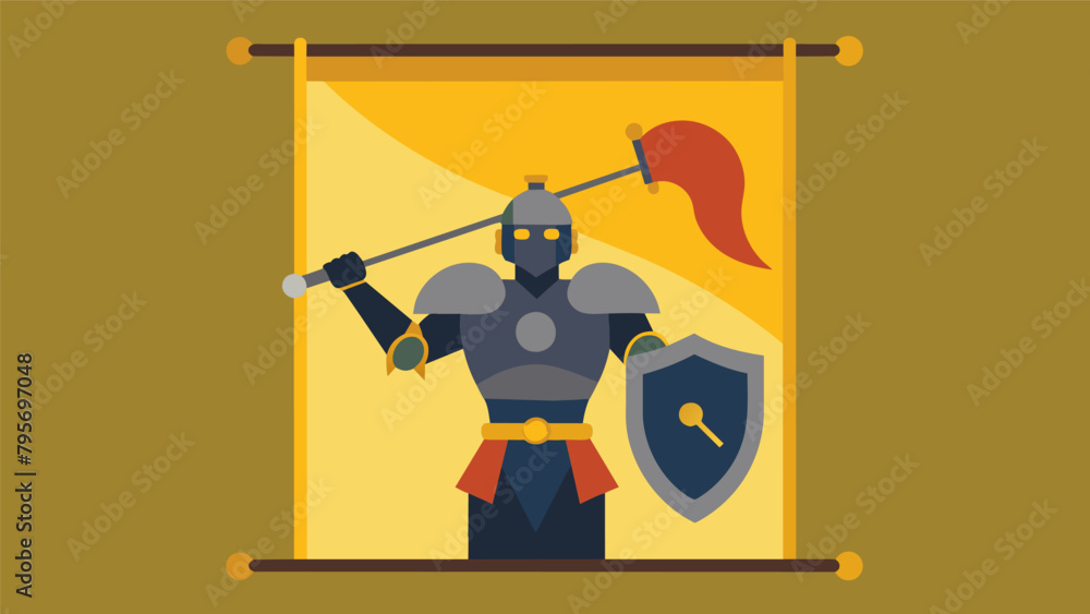 A tapestry on the wall depicts a knight in full armor wielding a flail ...