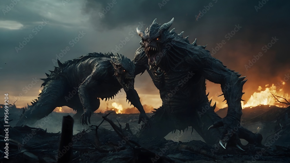 Two monster creatures fighting in a war zone, dark moody destructive ...