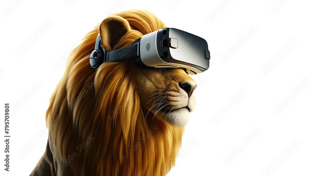 Resting lion with VR headset, PNG with a transparent background, a ...