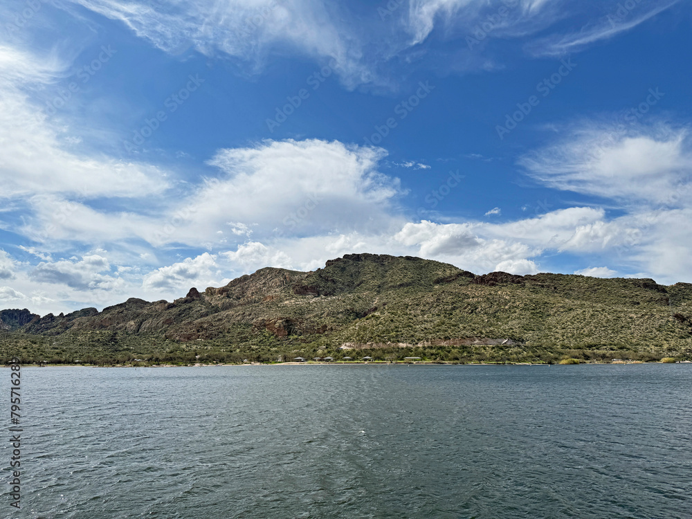 View from a steamboat, of Canyon Lake reservoir and rock formations in ...