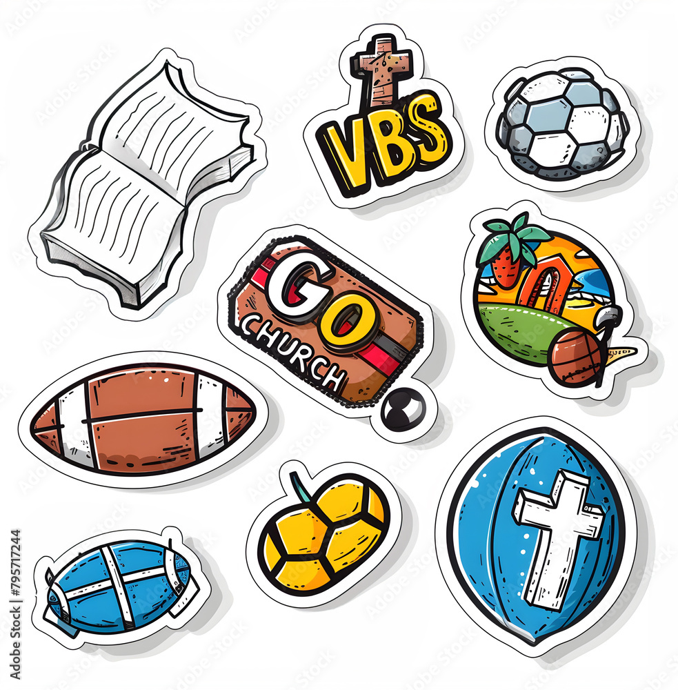 Sticker Sport supply with Text VBS (Vacation Bible School), isolated on ...