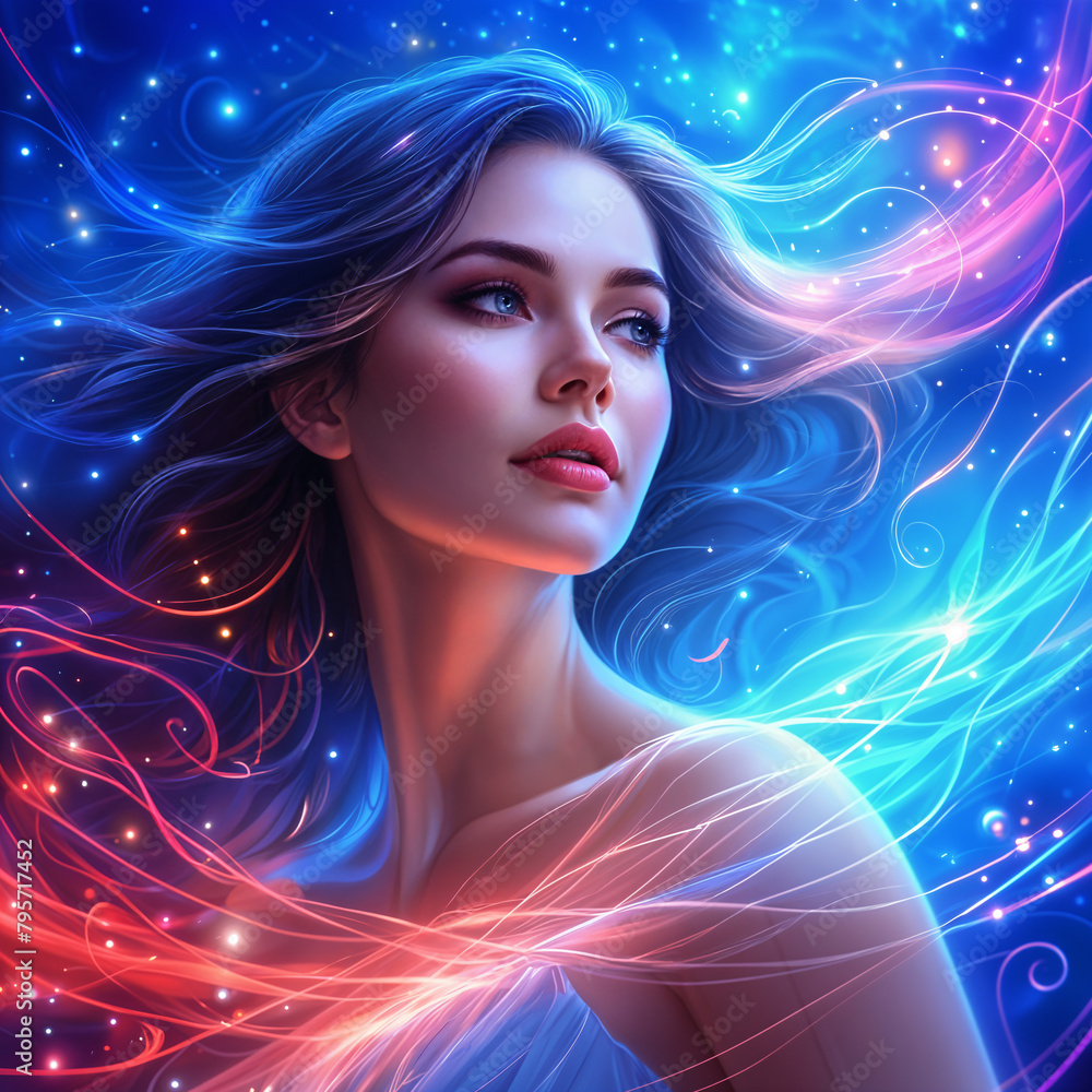 A Woman With Long Flowing Hair And Striking Blue Eyes She Has A
