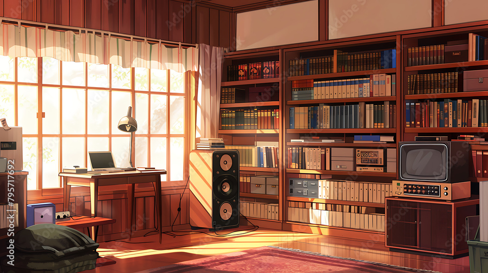 cartoon private study room with retro radio Stock Photo | Adobe Stock