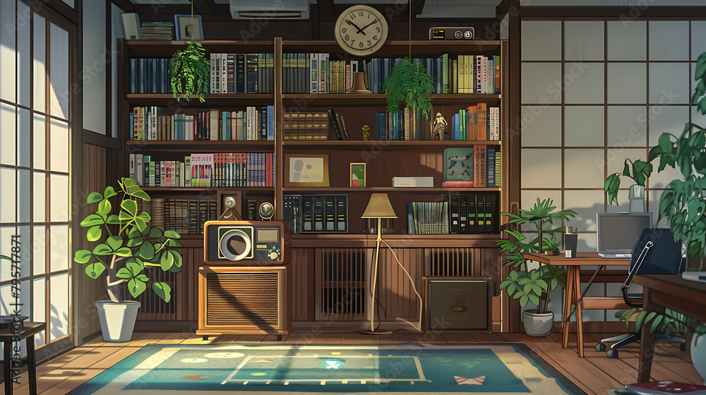 cartoon private study room with retro radio Stock Photo | Adobe Stock