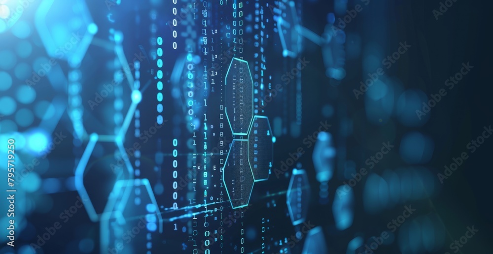 Abstract digital technology background with blue glowing hexagons and binary code, symbolizing ...