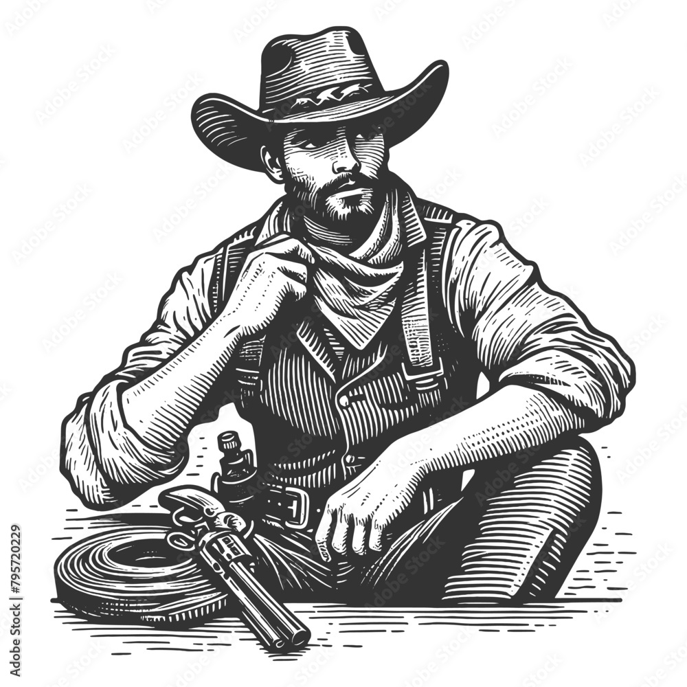 rugged cowboy sitting with a revolver, capturing the essence of the ...