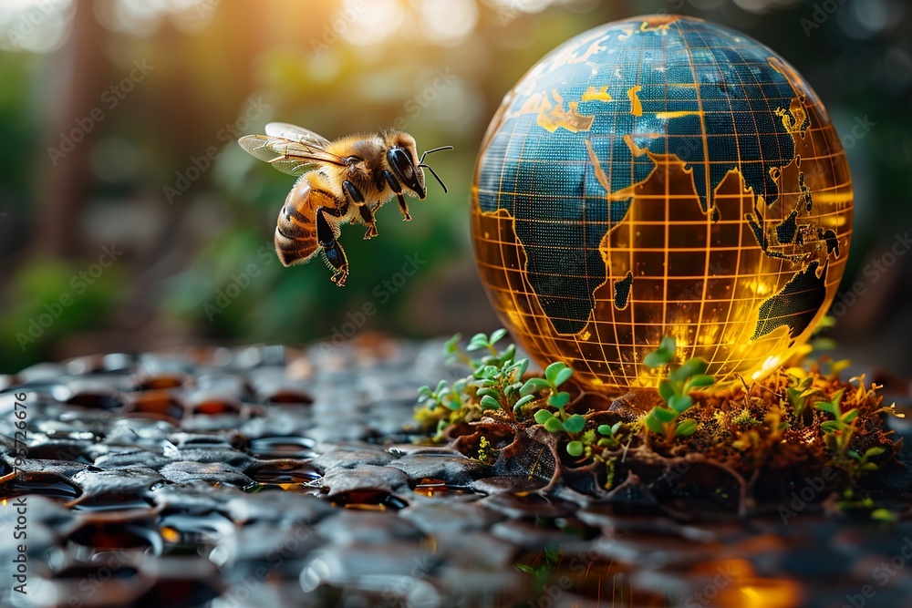 World Bee Day May 20 Futuristic earth globe with plexus lines and ...