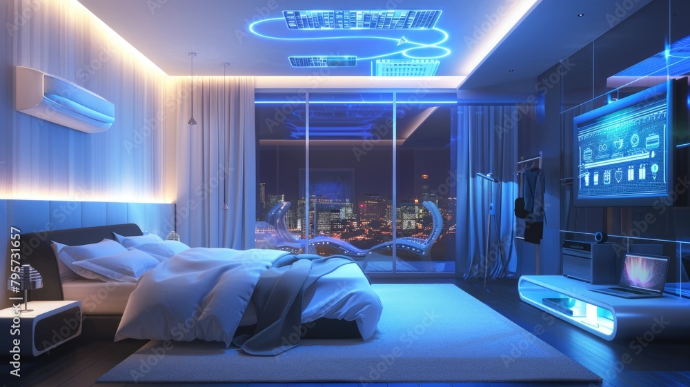 futuristic bedroom where voice-controlled curtains change opacity based ...