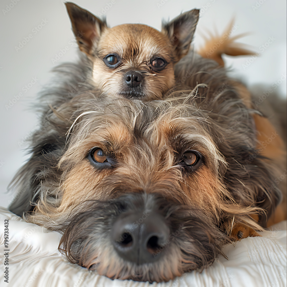 Big and small dog together. Сhihuahua lies on the head of an Irish ...
