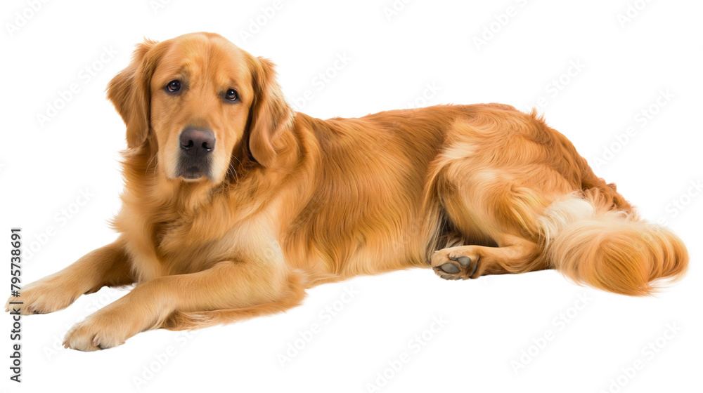 Sad golden retriever dog lying on the floor, pet isolated on ...