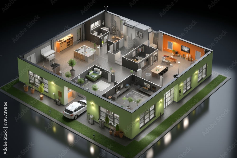 This 3D rendering features a modern three-story home with flat roof ...