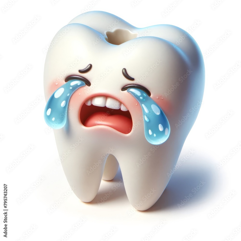 3D character of a sad tooth with a cavity and tears in its eyes ...