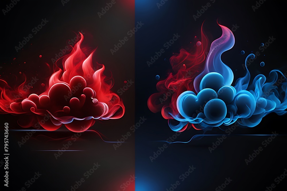 Blue vs red smoke effect black vector background. Abstract neon flame ...