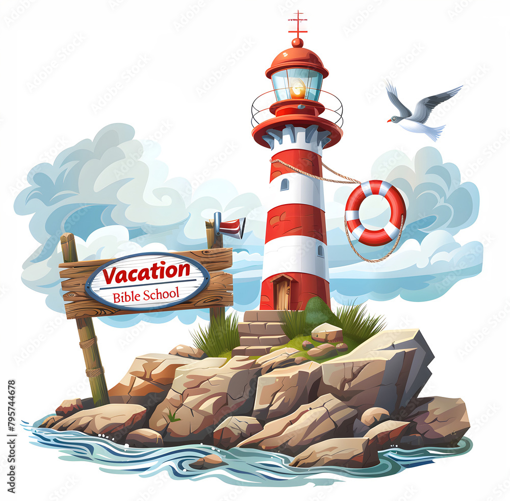 VBS sign with Lighthouse, a rocky island, life ring, isolated ...