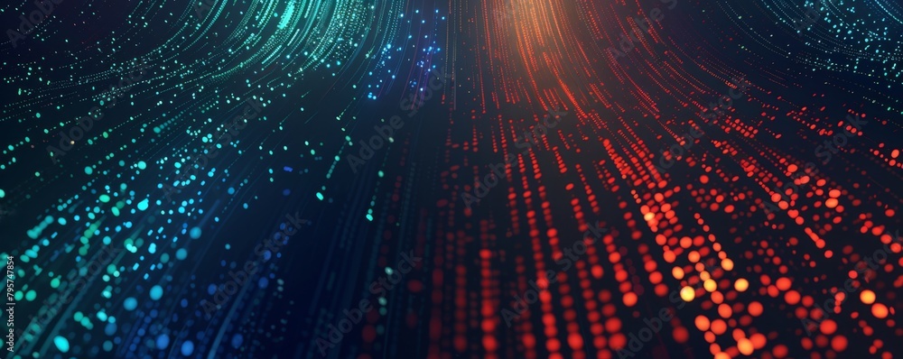 Abstract digital data flows with binary code and lines in blue, red and green colors on a dark ...