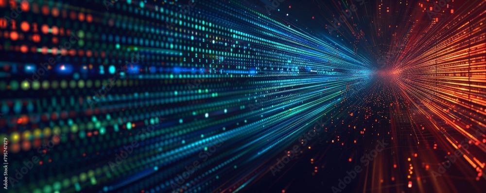 Abstract digital data flows with binary code and lines in blue, red and green colors on a dark ...