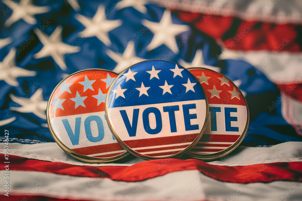 Patriotic voting buttons on the American flag. Vote and elections ...