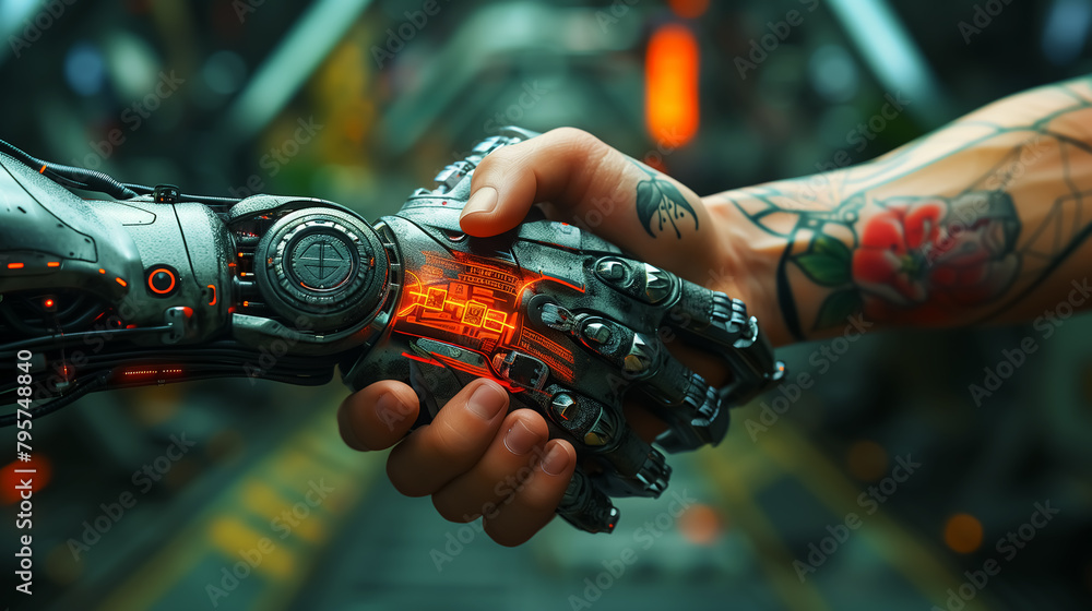 robot and human shake hands, robotic hand holding man's hand with ...