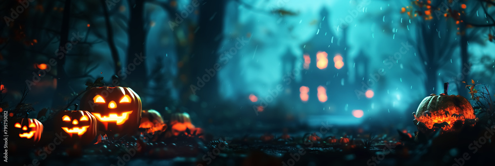 Spooky evil pumpkins in horror Halloween night, scary ghost castle ...