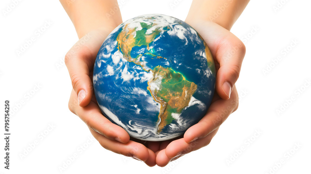 Closeup of hands holding the planet earth globe sphere isolated on ...