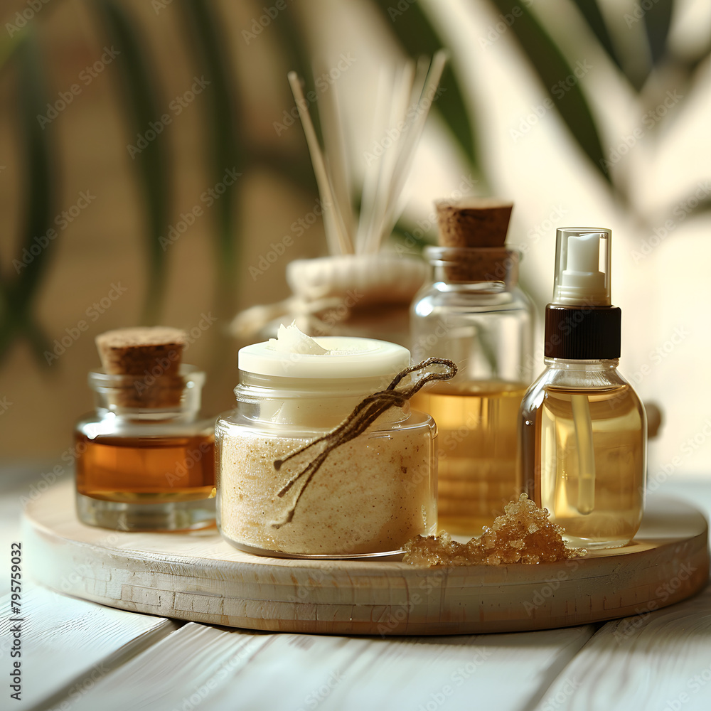 a transparent jar with cream with no label, a bottle with body scrub, a ...
